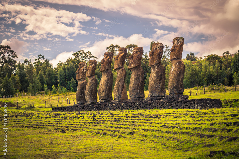 Ahu Akivi, Easter Island - July 12 2017: Moai statues of Ahu Akivi ...