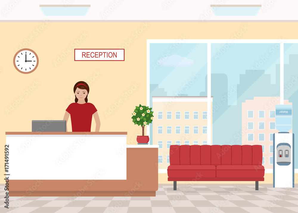 Office interior with reception and waiting area. Flat style, vector ...