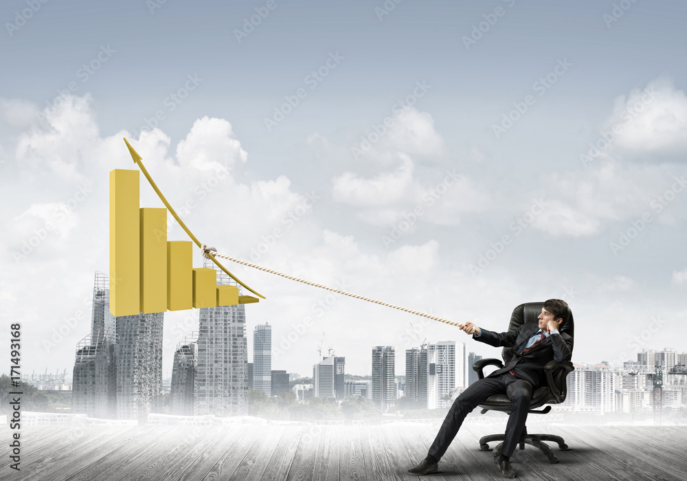 Man pulling with effort big pulling rope graph, as a symbol of ...