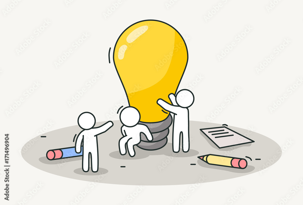 Little white people installing a lamp. Creative idea, teamwork and ...