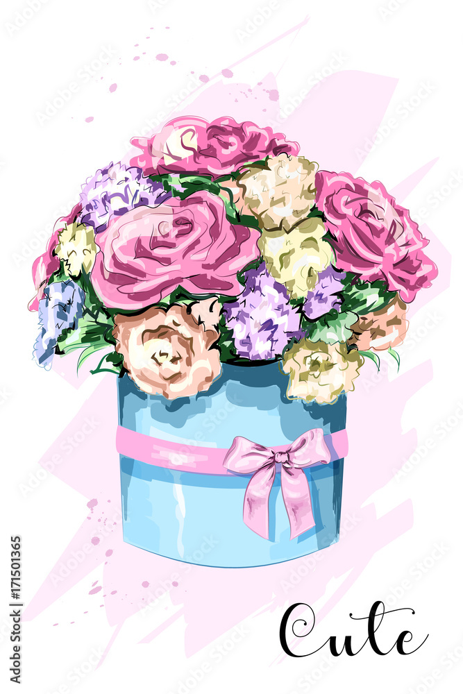 Cute hand drawn flower box. Beautiful flower bouquet with stylish box ...