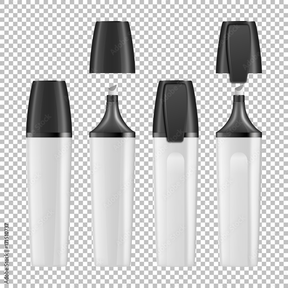 Realistic closed and opened white empty highlighter pen icon set ...