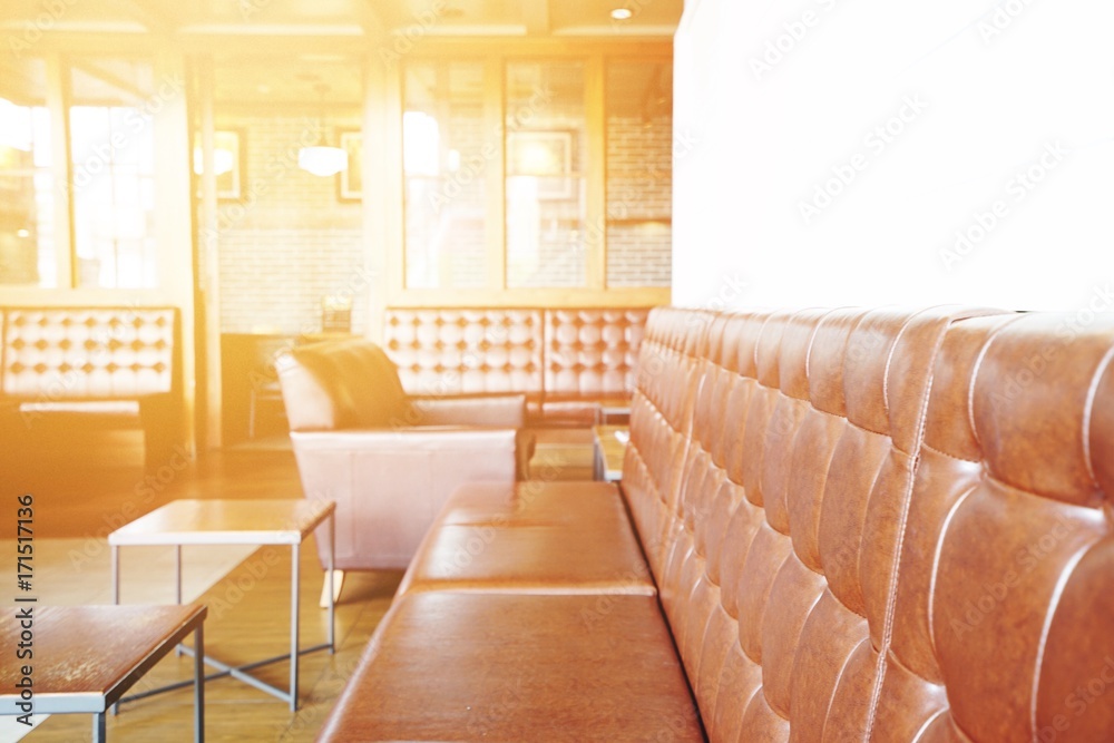 Interior design for coffee shop with brown leather sofa and orange ...