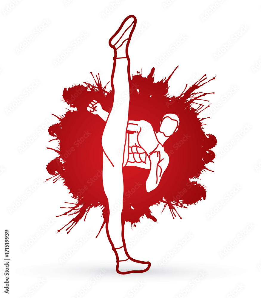 Kung fu, Karate high kick front view designed on splatter blood ...