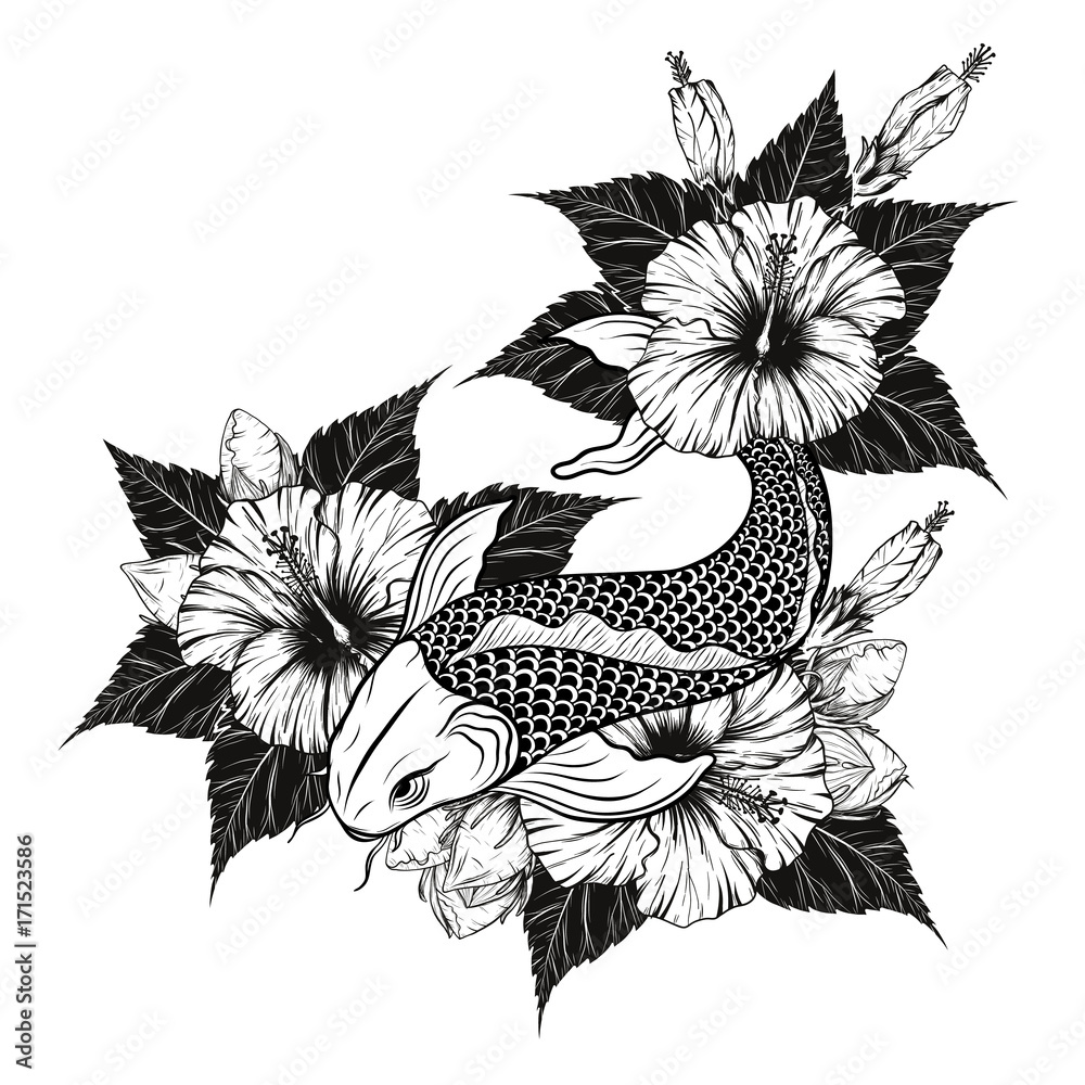 Koi fish and Hibiscus tattoo by hand drawing.Tattoo art highly detailed ...