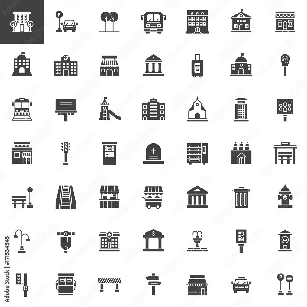 Urban infrastructure vector icons set, modern solid symbol collection ...
