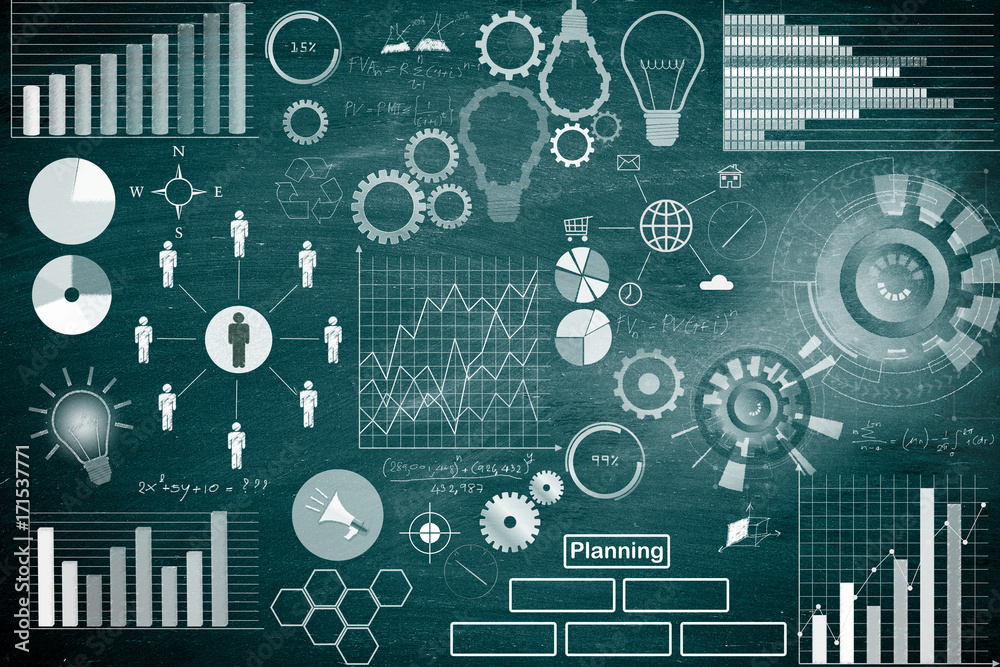 Drawing of formula, chart and graph on chalkboard, Business plan ...