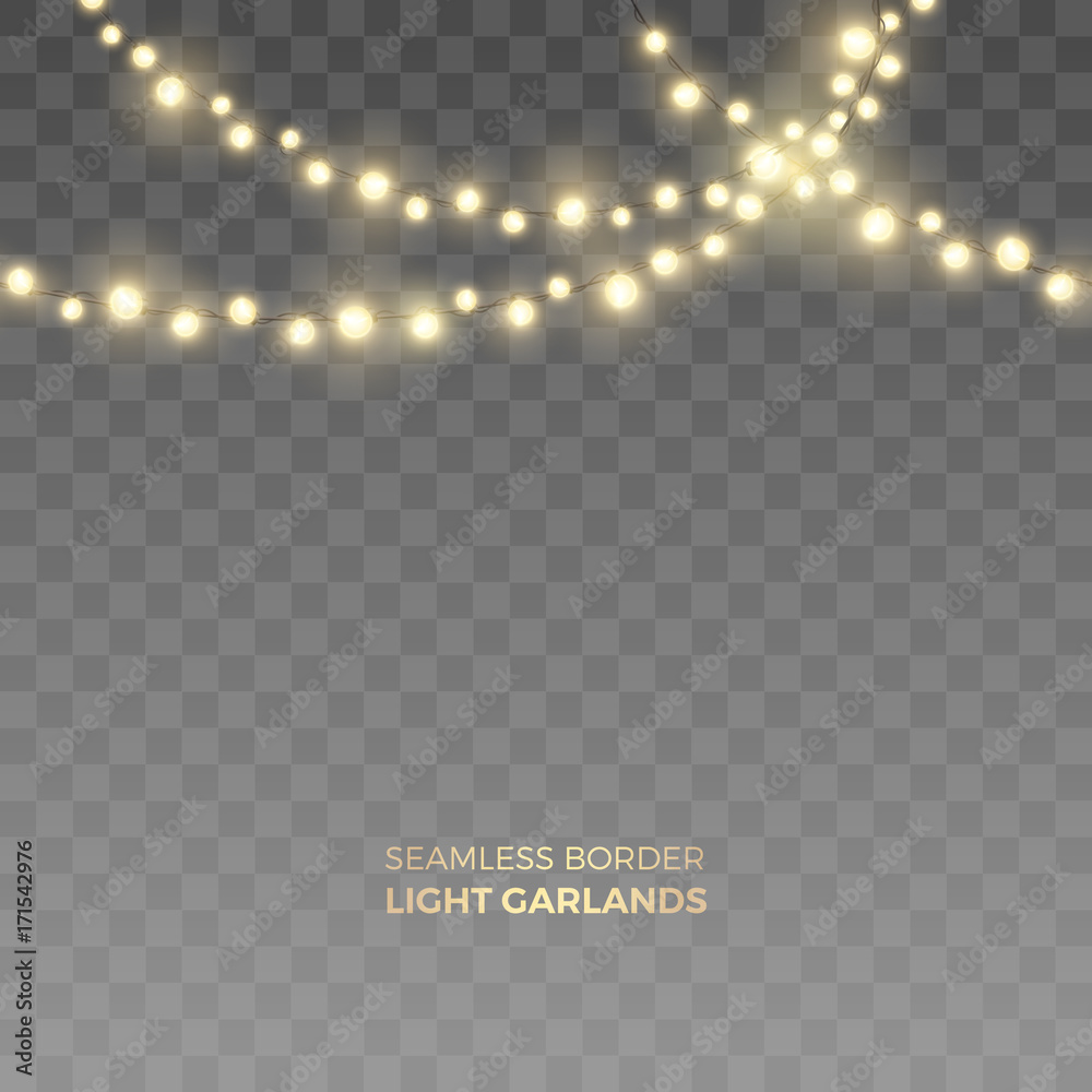 Vector seamless horizontal border of realistic yellow light garlands ...