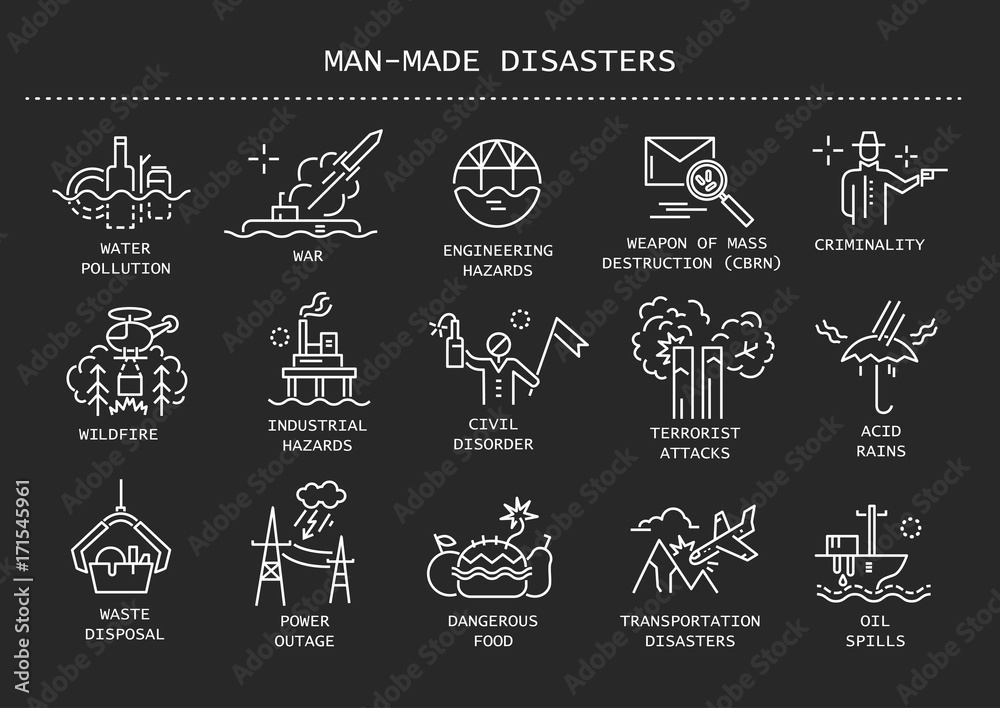 Vector set of thin line icons of man-made disasters, anthropogenic ...