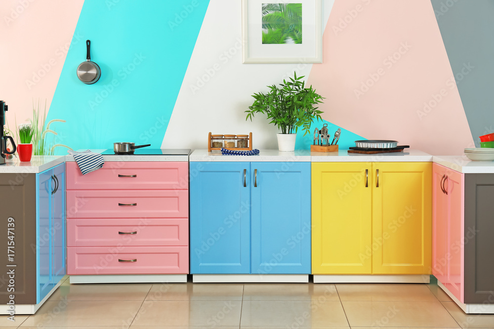 Colorful modern kitchen interior Stock Photo | Adobe Stock
