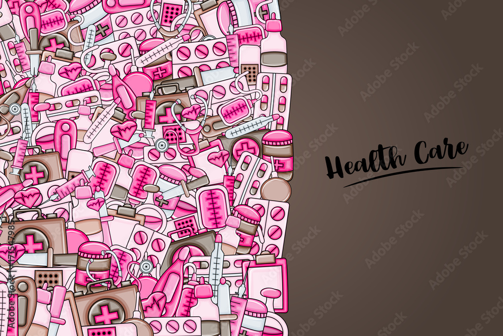 Healthcare concept in 3d cartoon doodles background design. Hand drawn ...