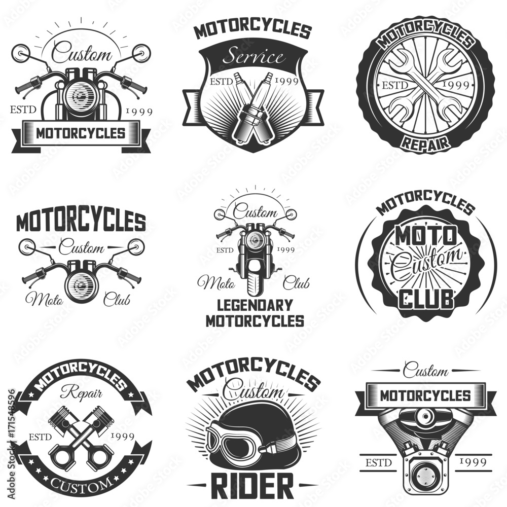 Vector set of vintage motorcycle emblems, labels, badges and logos ...