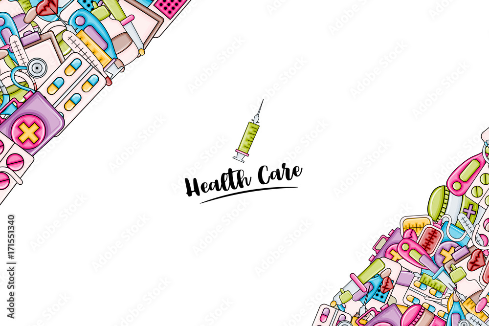 Healthcare concept in 3d cartoon doodles background design. Hand drawn ...
