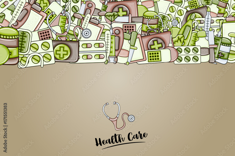 Healthcare concept in 3d cartoon doodles background design. Hand drawn ...