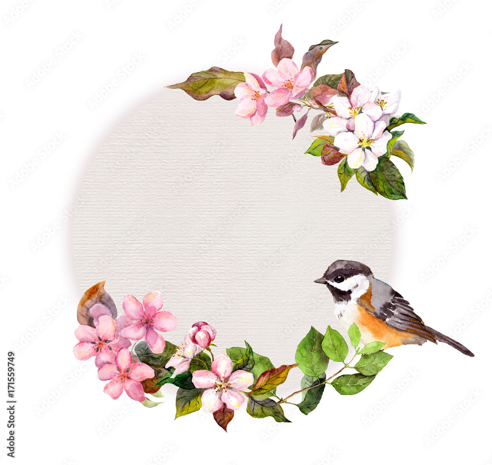 Floral circle pattern - flowers and cute bird for fashion design ...