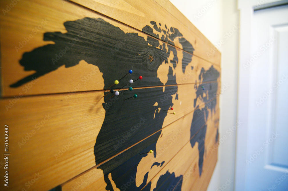 Wooden wall map with pins Stock Photo | Adobe Stock