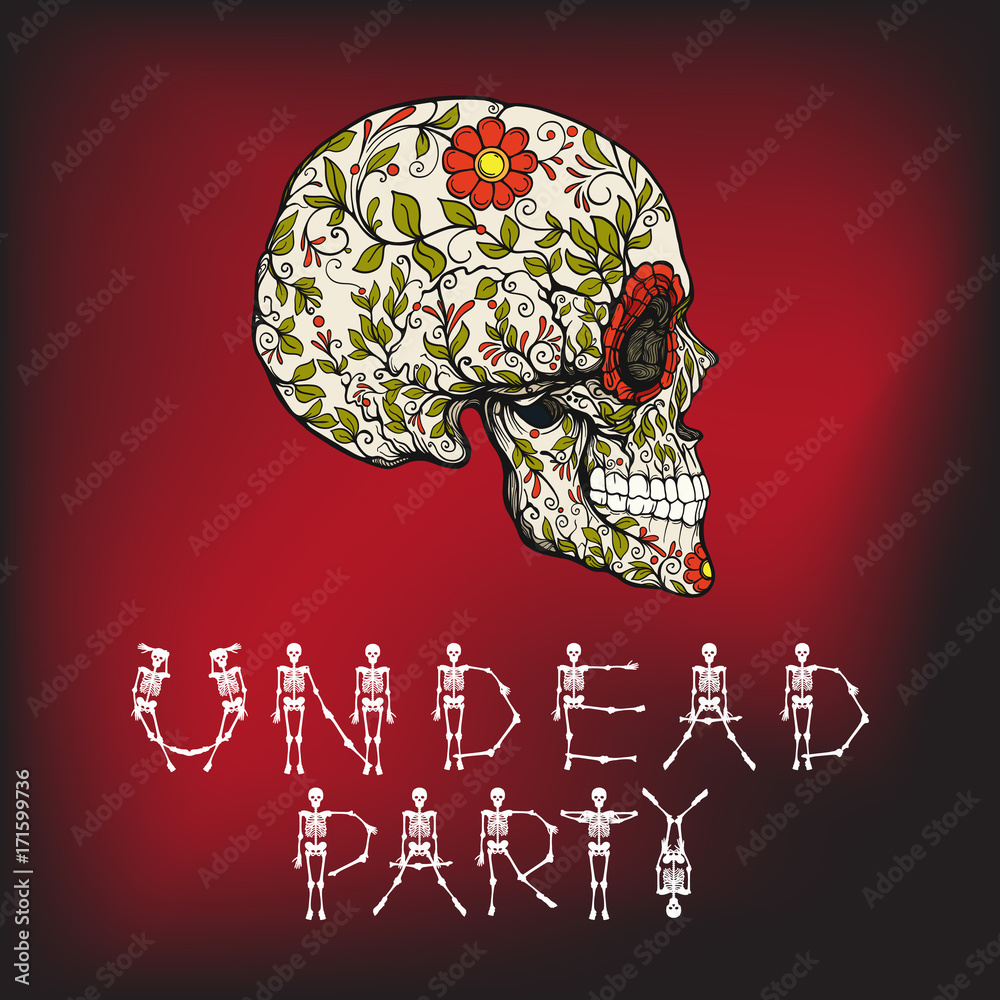 Undead party banner with Sugar skull. The traditional symbol of the Day ...