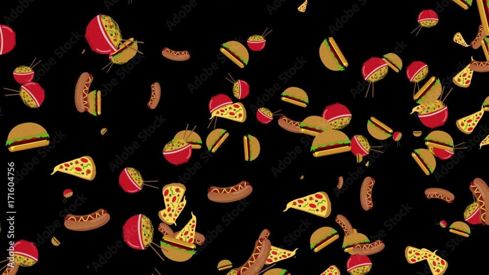 different fast food flying on black background seamless loop. fast food ...