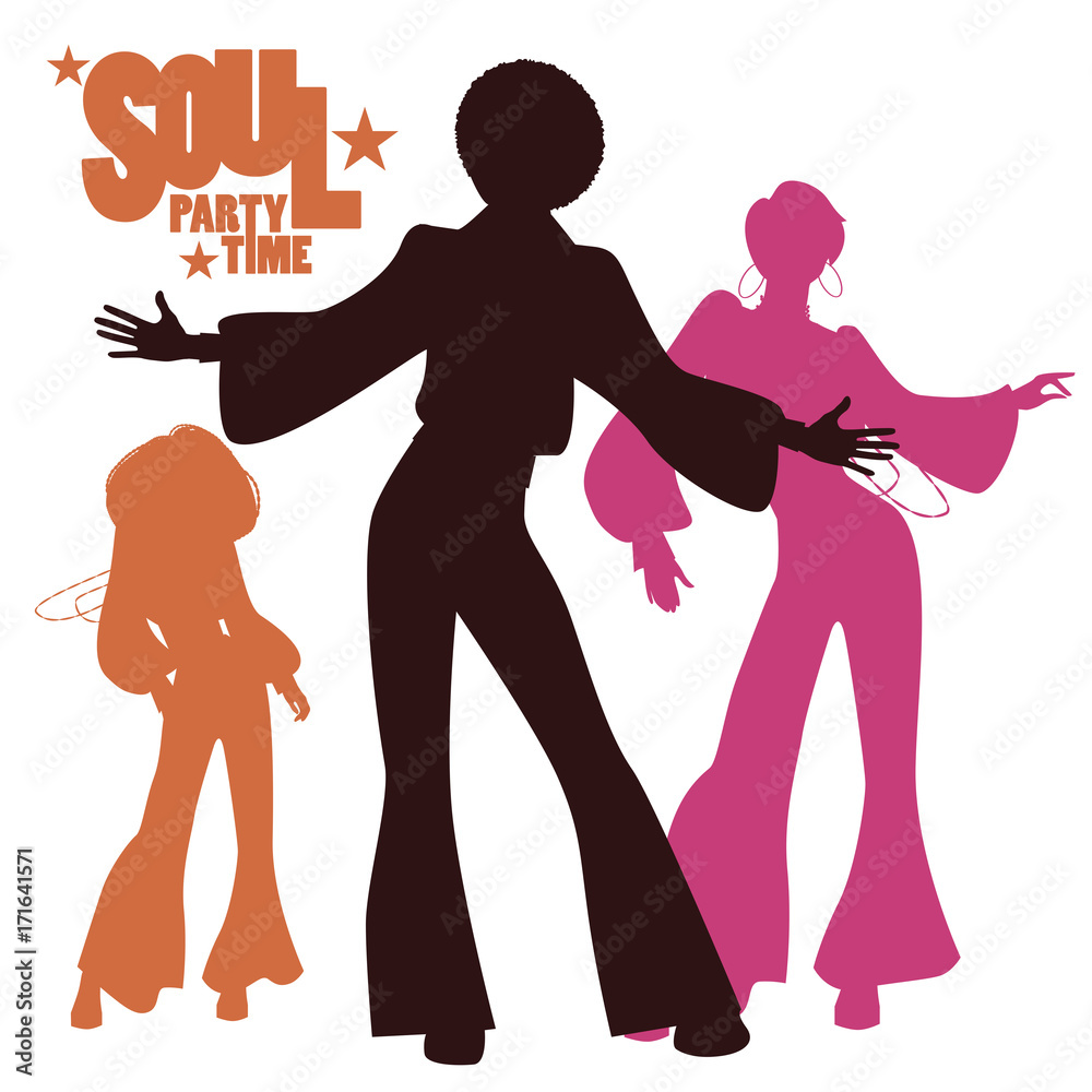 Silhouettes of three dancing soul, funk or disco. Retro style. Stock ...