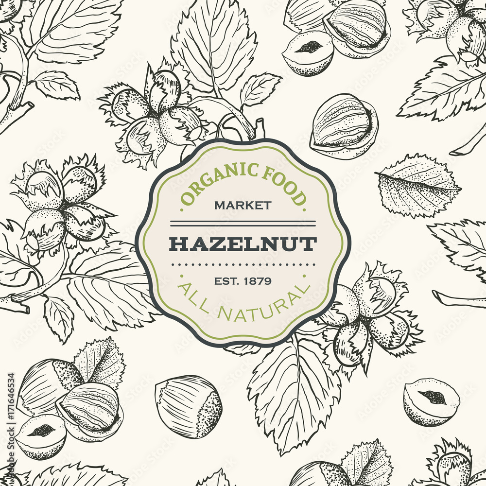 Seamless vector pattern with linear outline hazelnut. Sketches of nuts ...