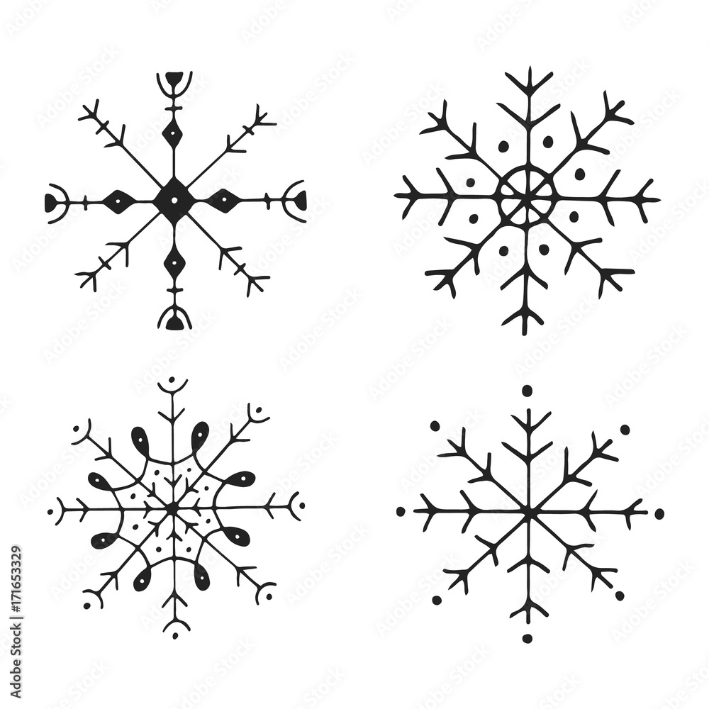 Hand drawn doodle snowflake winter set. Cute Christmas vector ...