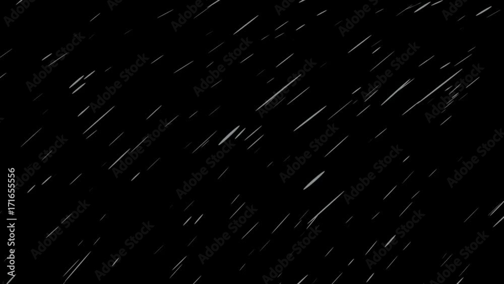 Animated heavy rainfall on black background. Wind Gust from top right ...
