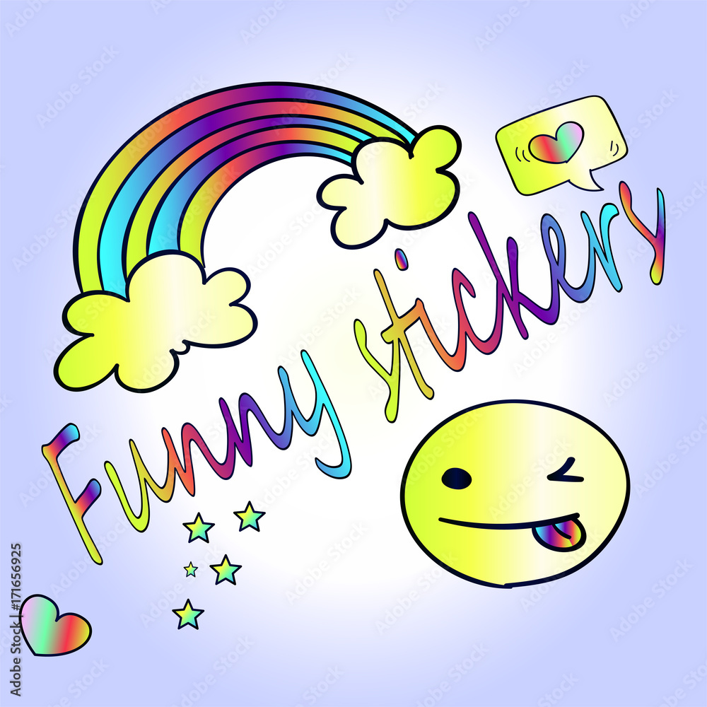 Funny Youth Stickers. A set of bright neon stickers. Cartoon rainbow ...