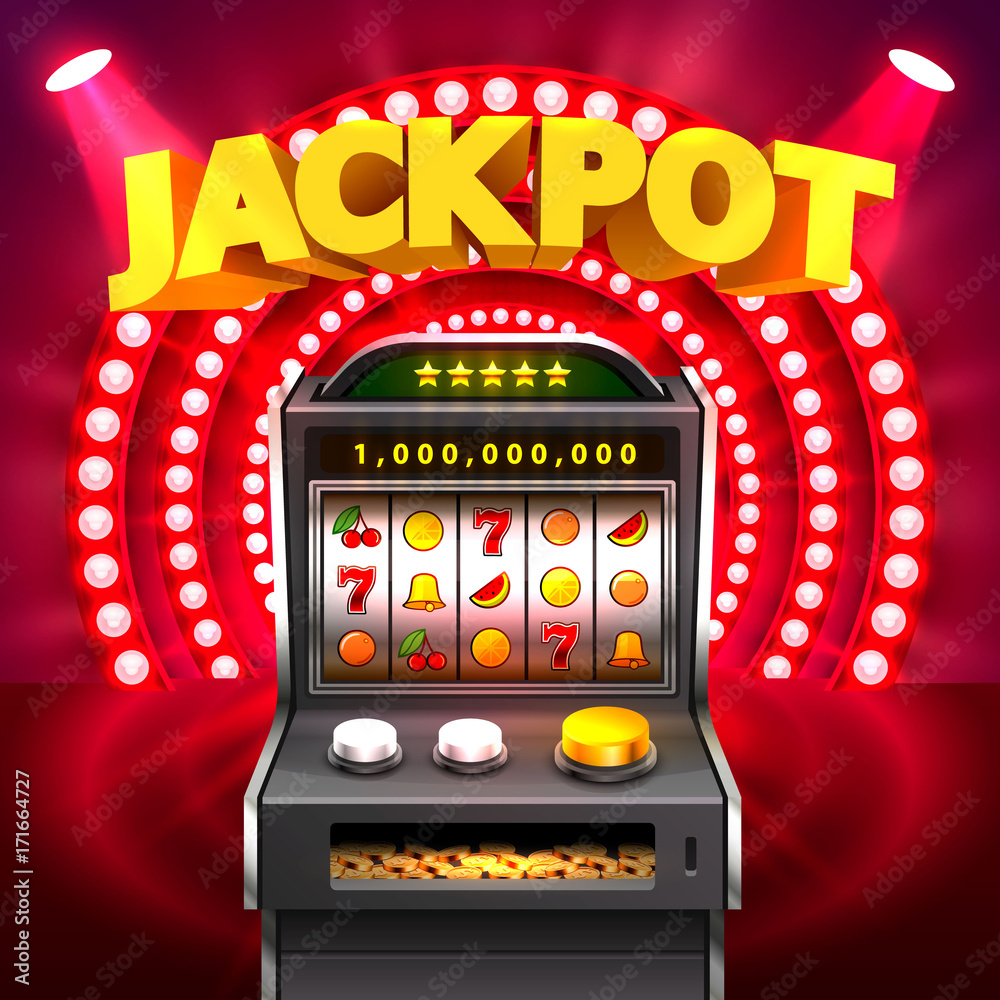Golden slot machine wins the jackpot. Isolated on red background. Vector illustration Stock ...