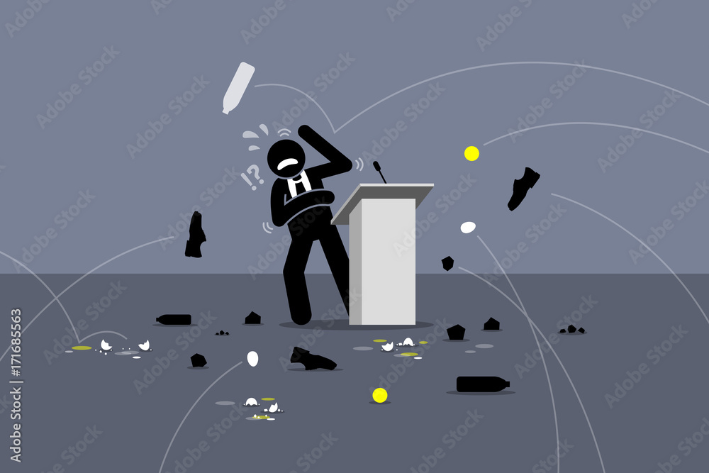 Lousy politician being booed. People throwing objects and things at the ...