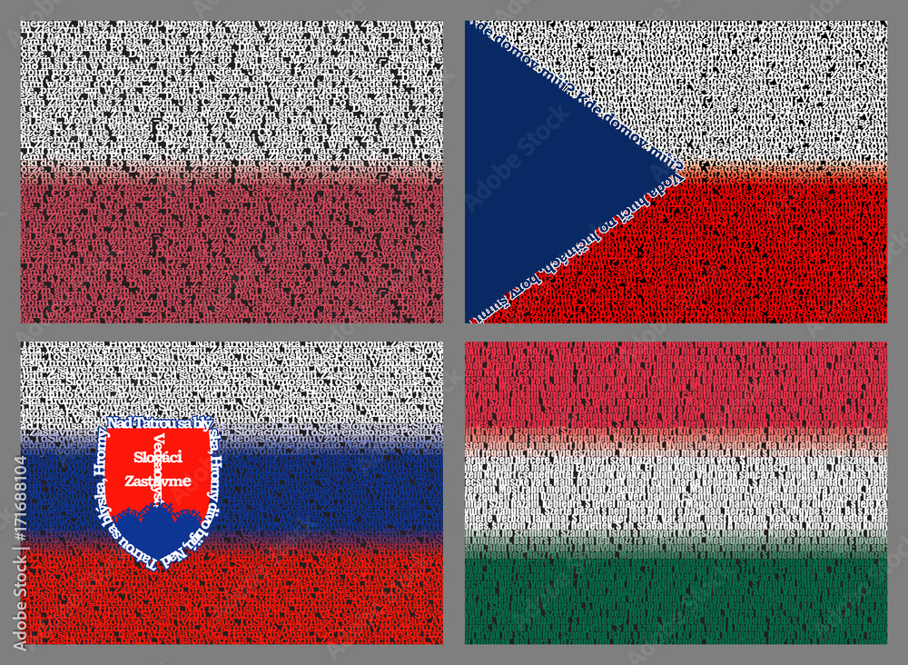 Set of 4 flags. Typography flags of Poland, Czech Republic, Slovakia ...