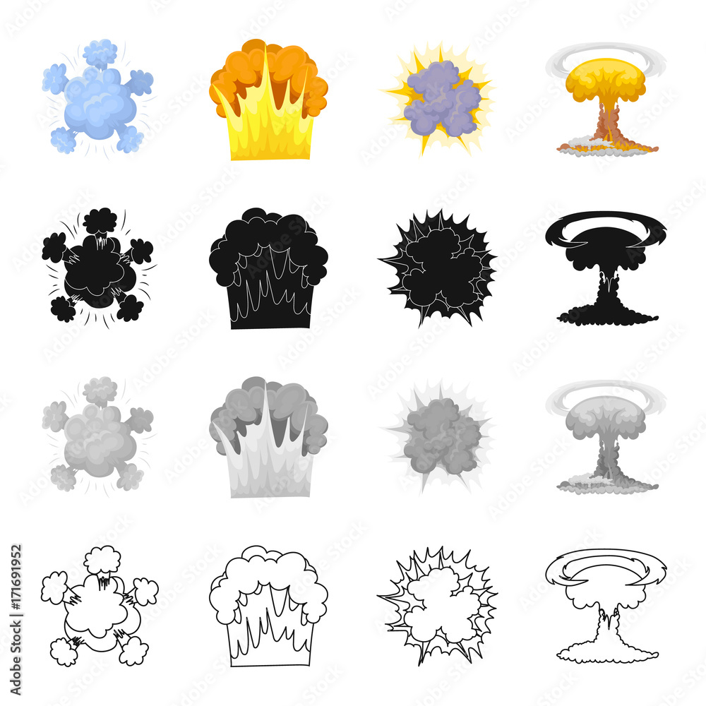 Nuclear explosion, flash, flame. Various types of explosions set ...