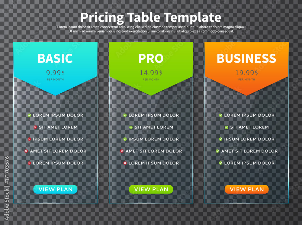 Glass pricing table templates. Design element for websites and ...