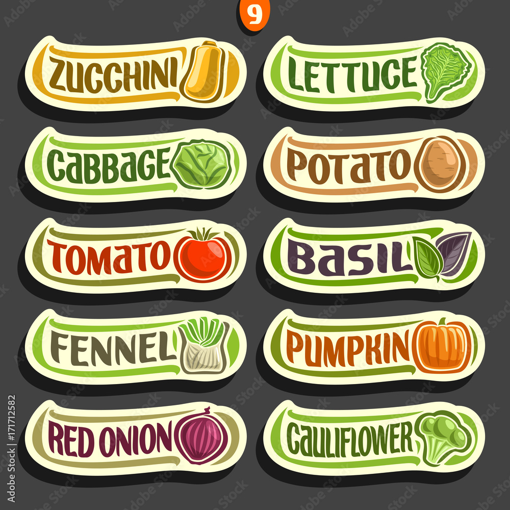 Vector Set labels with text for fresh Vegetables: 10 minimal signs of ...