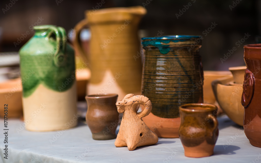 Ukrainian pottery. Pottery museum in Ukrainian village Oposhnya, center ...