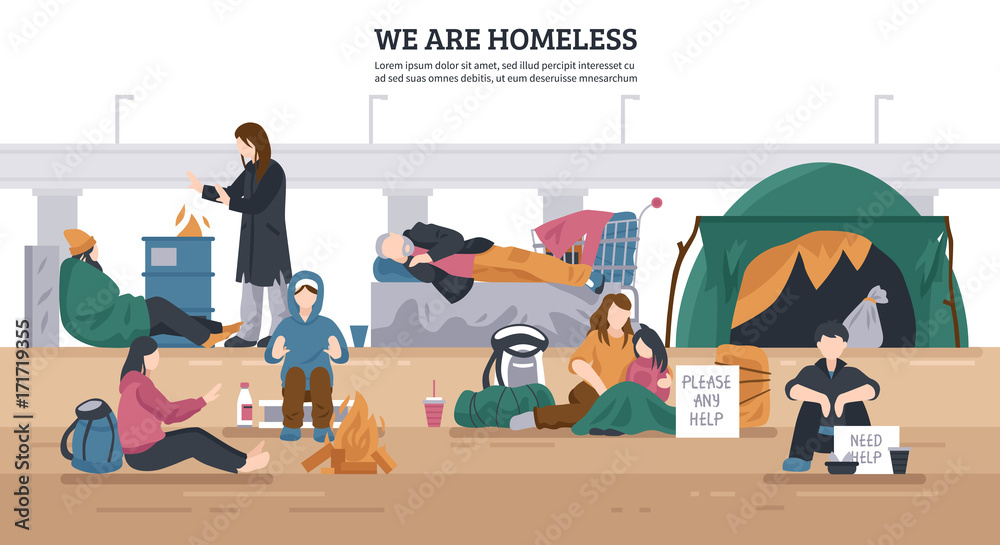 Homeless People Horizontal Background Stock Vector | Adobe Stock