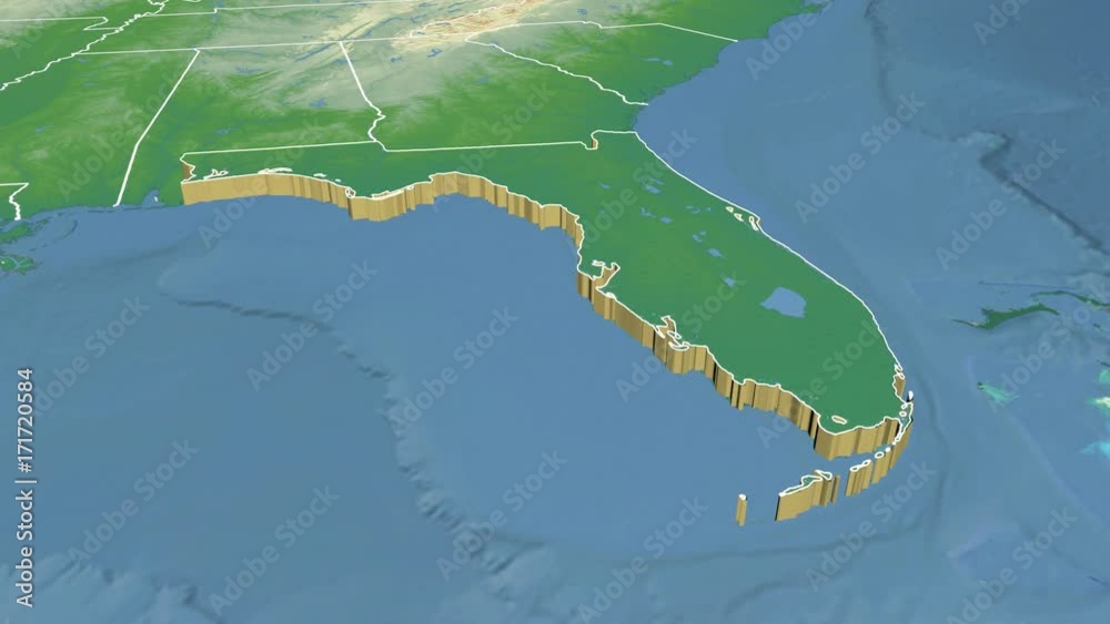 Florida state (USA) extruded on the physical map of North America Stock ...