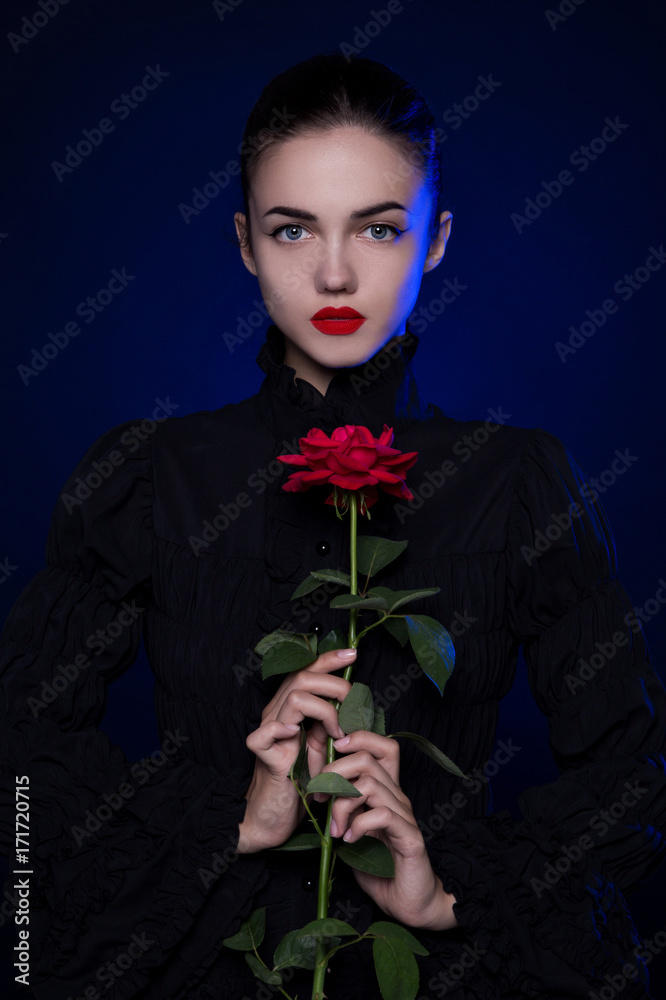 Woman grief and mourning concept - crying woman with red rose. Gothic ...