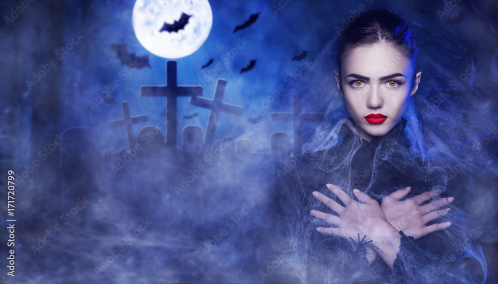 Fantasy Halloween Vampire Woman Portrait Beauty Sexy Vampire In A Cemetery At Night Wearing