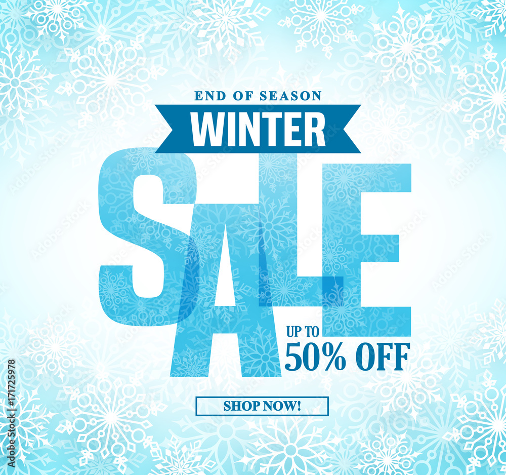 Winter sale vector banner design with blue sale text in white snow ...
