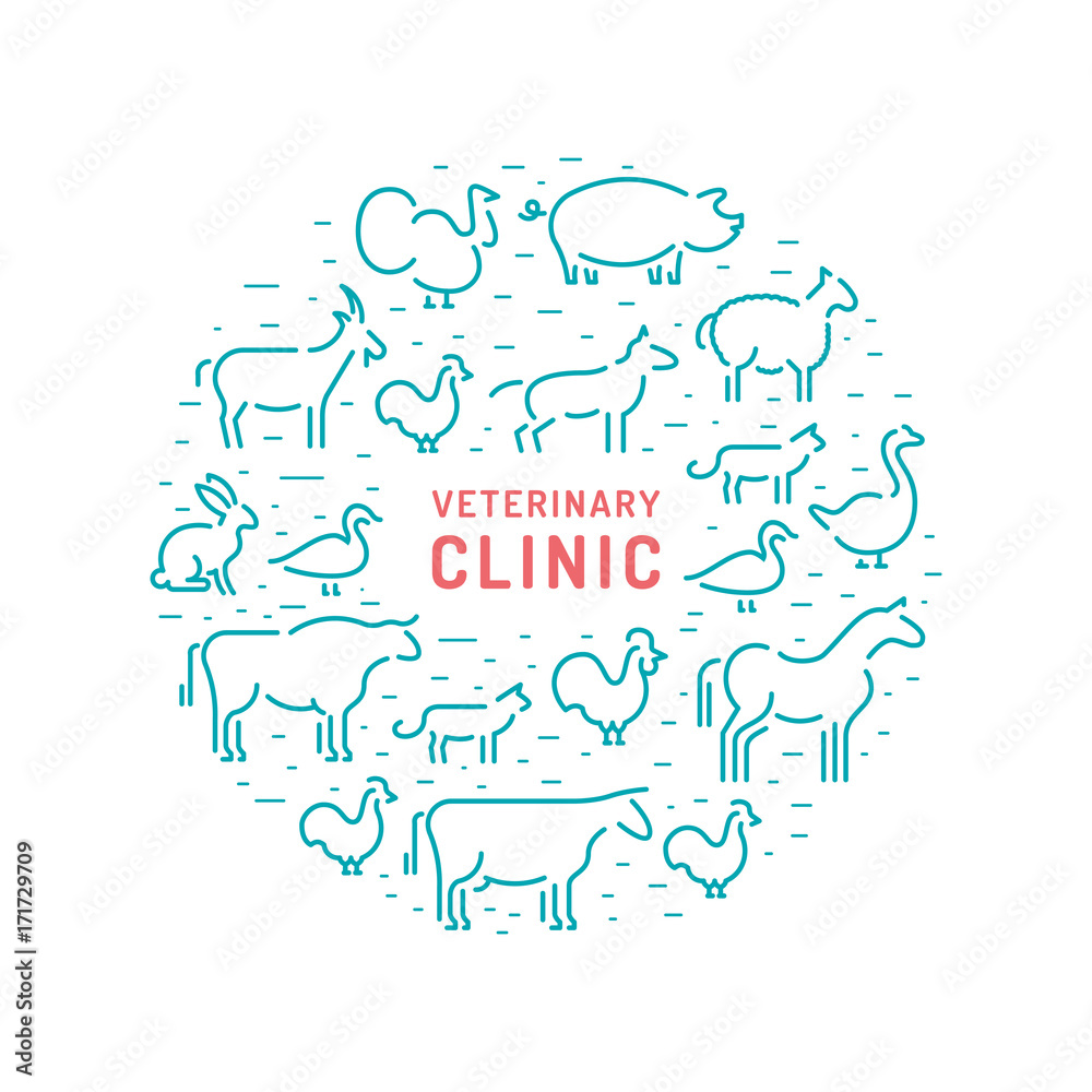 Vector round banner the veterinary clinic with pet pictures and animals ...