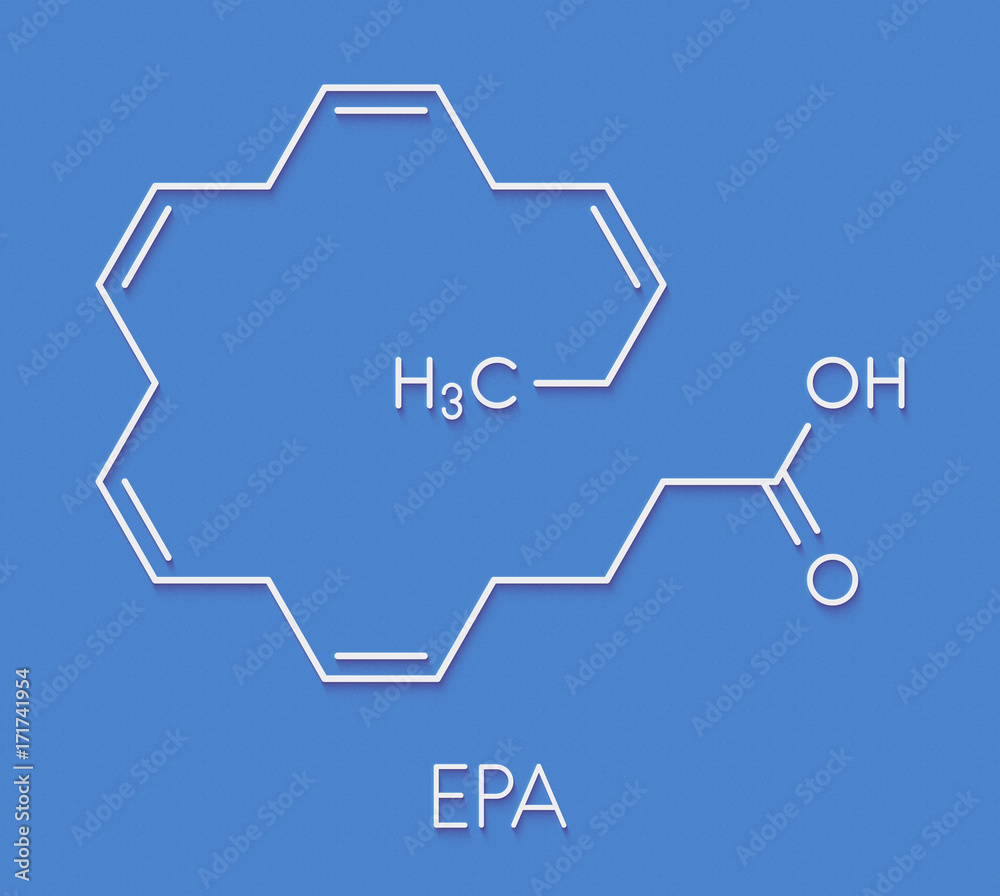 Eicasapentaenoic acid (EPA, timnodonic acid) molecule. Polyunsaturated ...