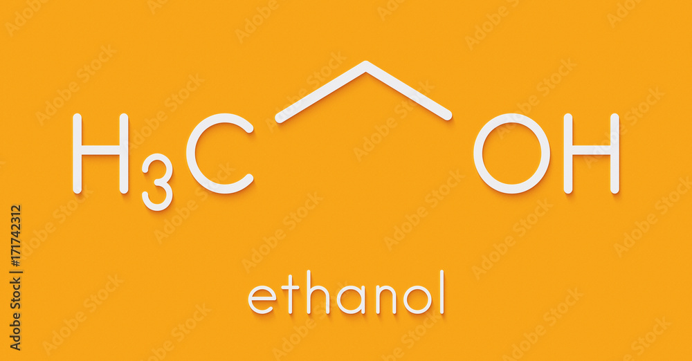 Alcohol (ethanol, ethyl alcohol) molecule, chemical structure. Skeletal ...