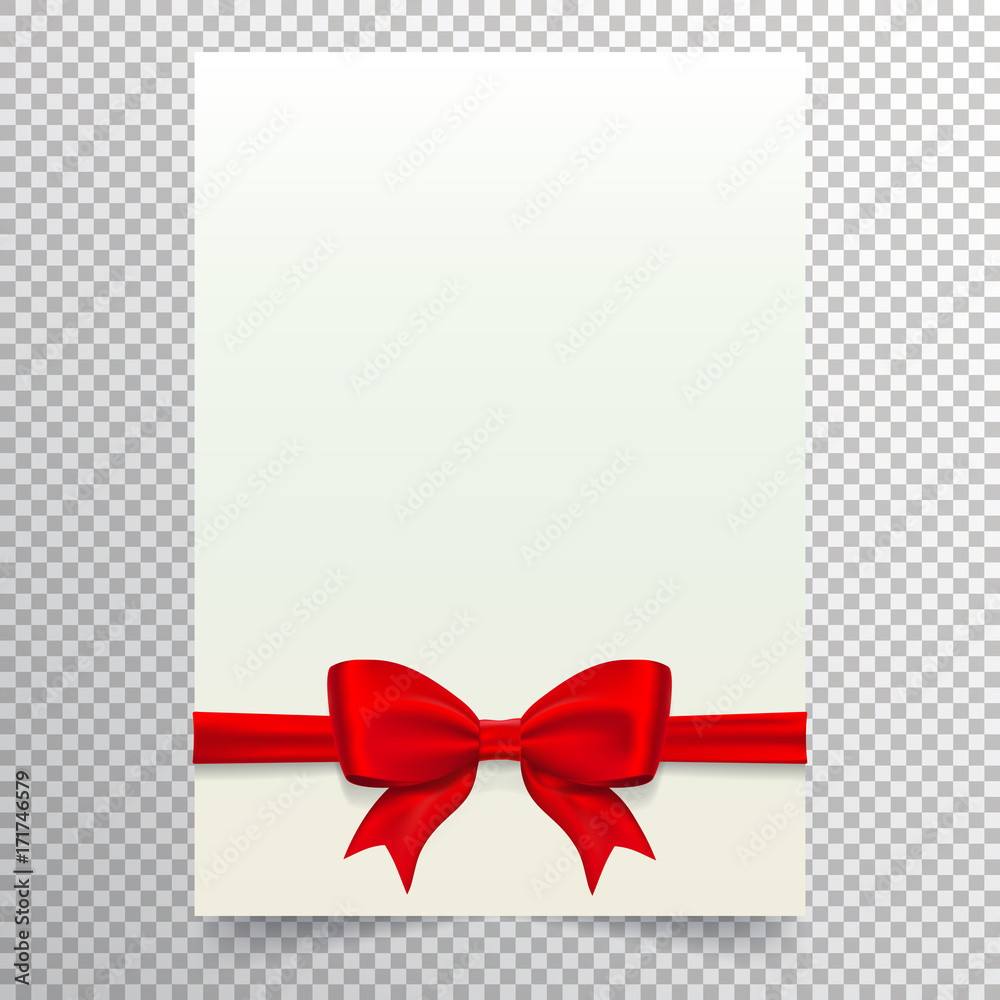Blank paper sheet with red ribbon and bow. White blank a4 page isolated ...