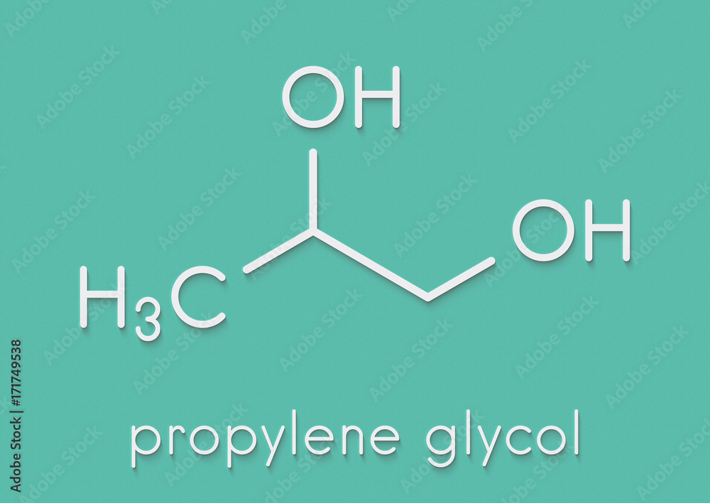 Propylene glycol (1,2-propanediol) molecule. Used as solvent in ...
