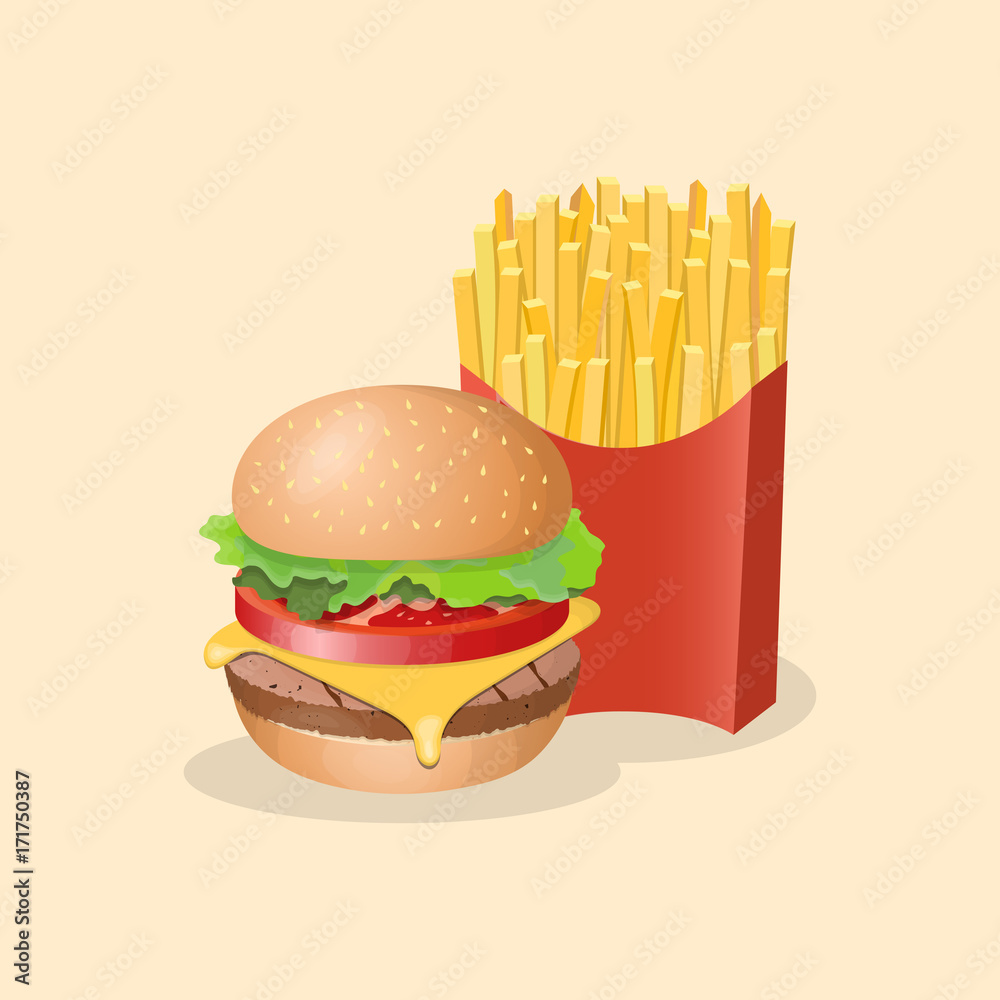 Burger and french fries in paper box - cute cartoon colored picture ...
