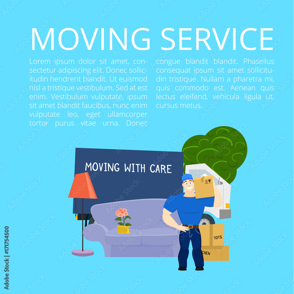 Moving service guy with furniture and moving truck vector illustration ...