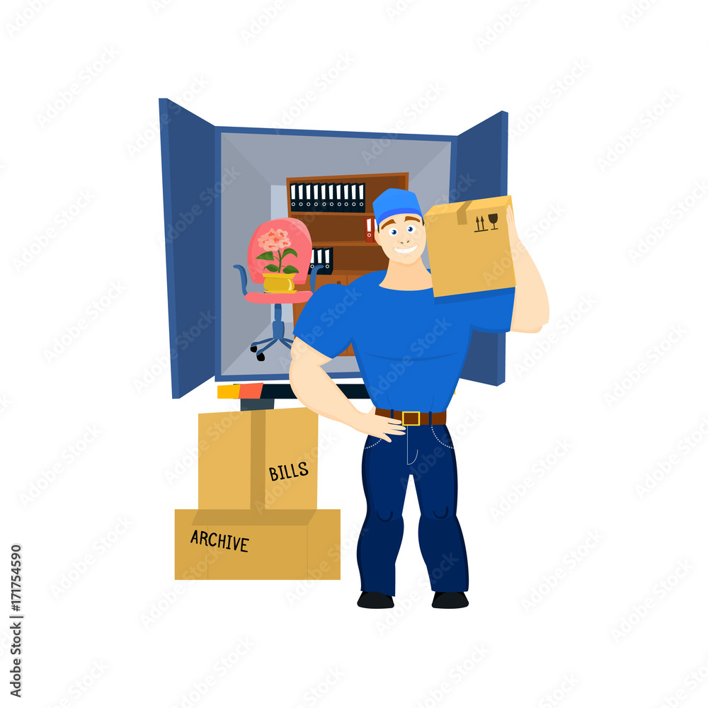 Moving service guy with furniture and moving truck vector illustration ...