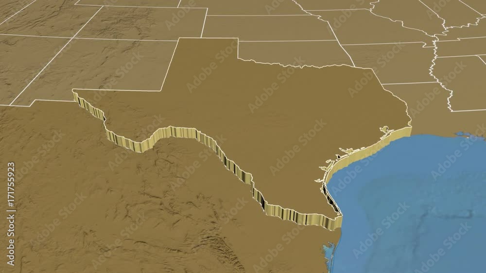 Texas state (USA) extruded on the elevation map of North America Stock ...
