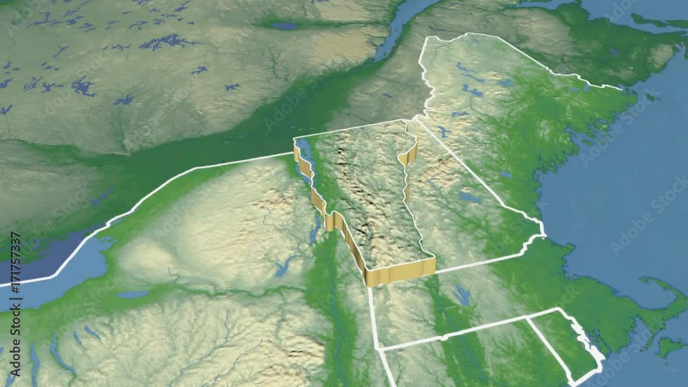 Vermont state (USA) extruded on the physical map of North America Stock ...