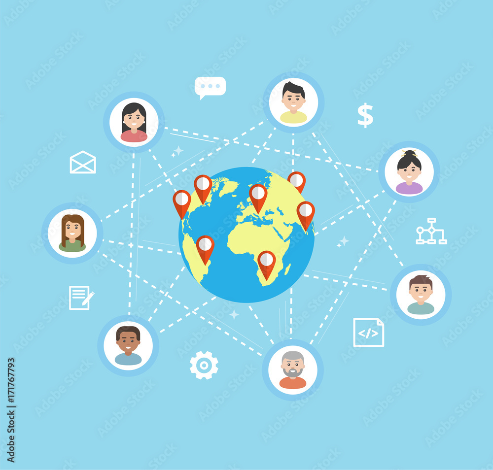 International Teamwork - vector flat illustration. Remote team work on ...